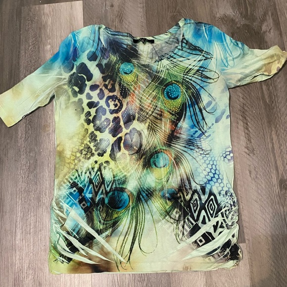 B.L.E.U. | Tops | Womens Rhinestone Peacock Top | Poshmark